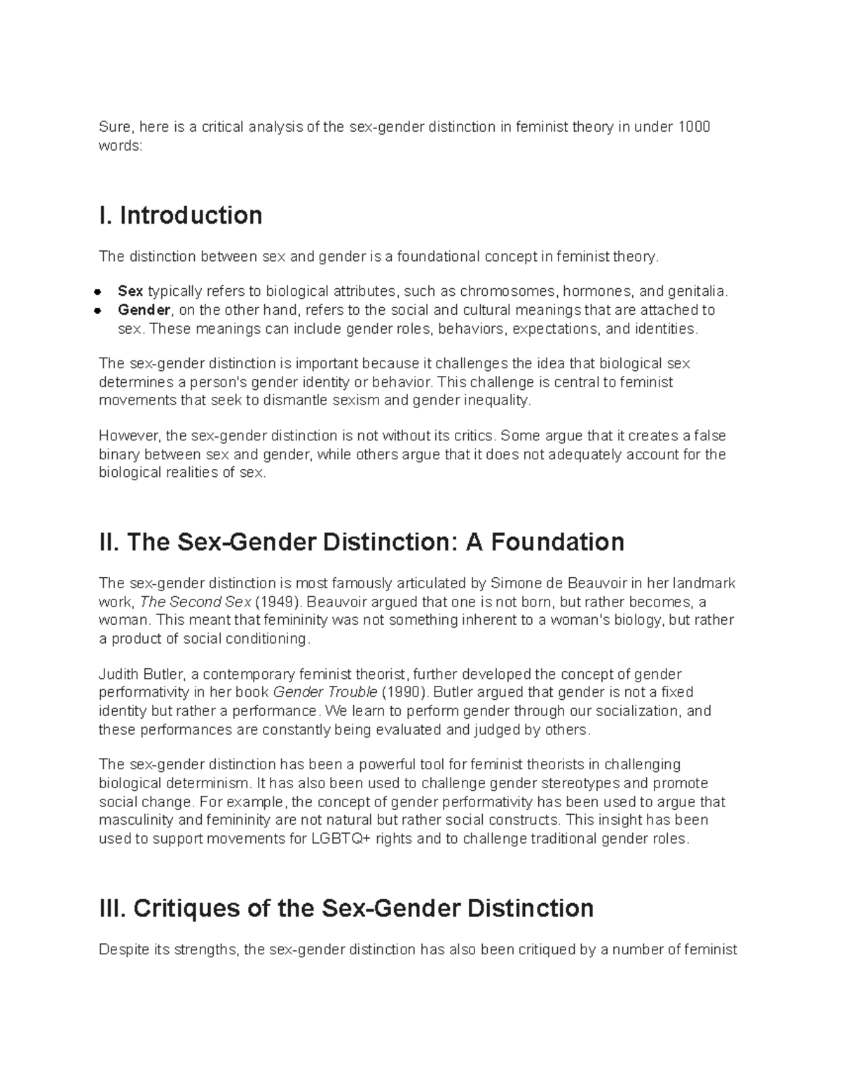 Critically Analyse Sex Gender Distinction In Fe Sure Here Is A