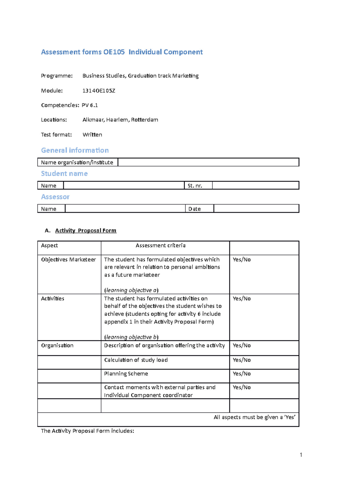 20221233 OE MA Individual component assessment form 2022-23 - Assessment forms OE105 Individual ...