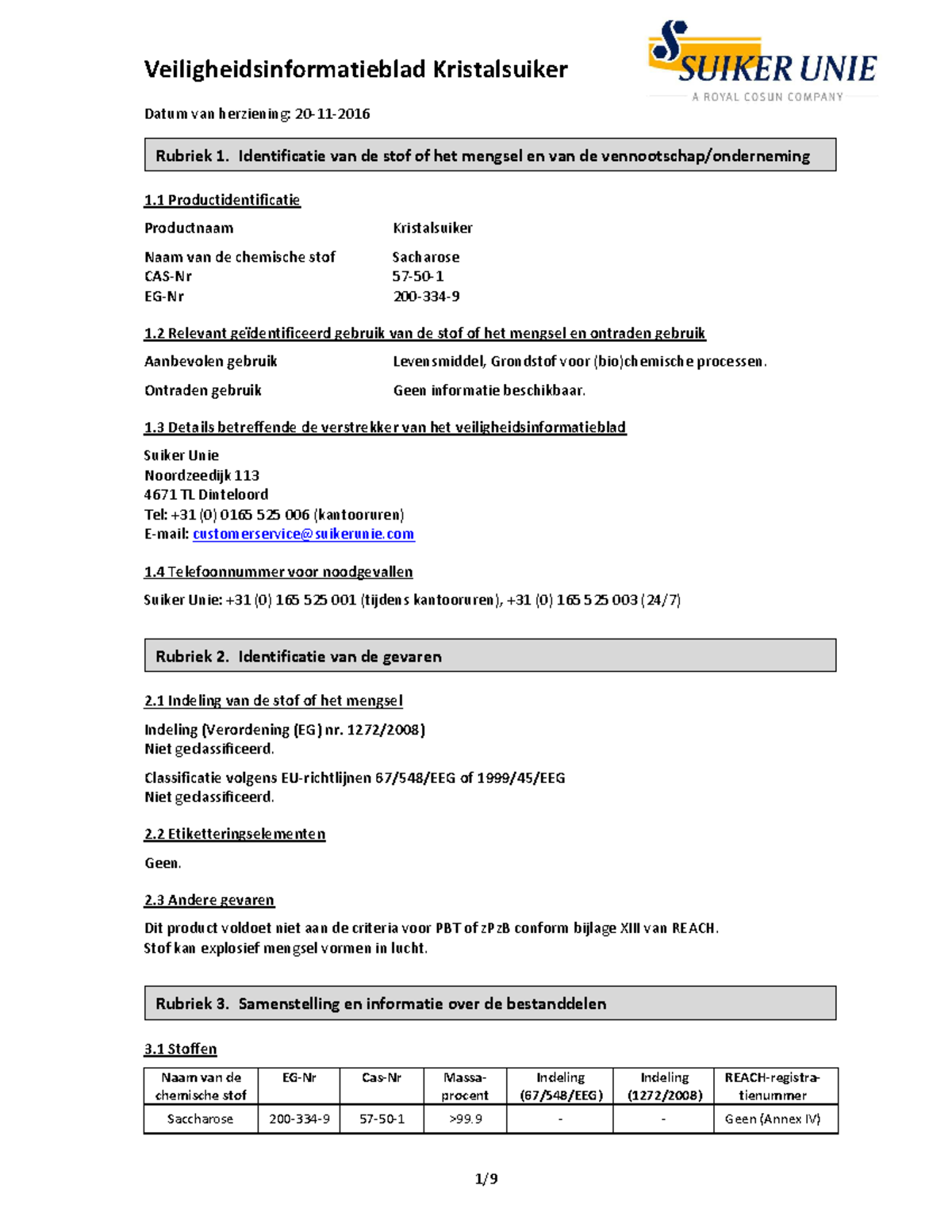Suiker MSDS - Datum van herziening: 20-11- 1 Productidentificatie ...