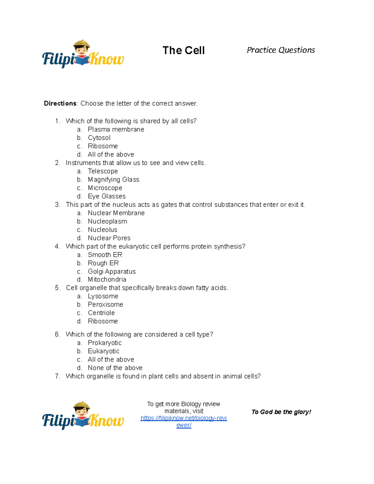 Biology Reviewer The Cell Practice Questions - Directions: Choose the ...