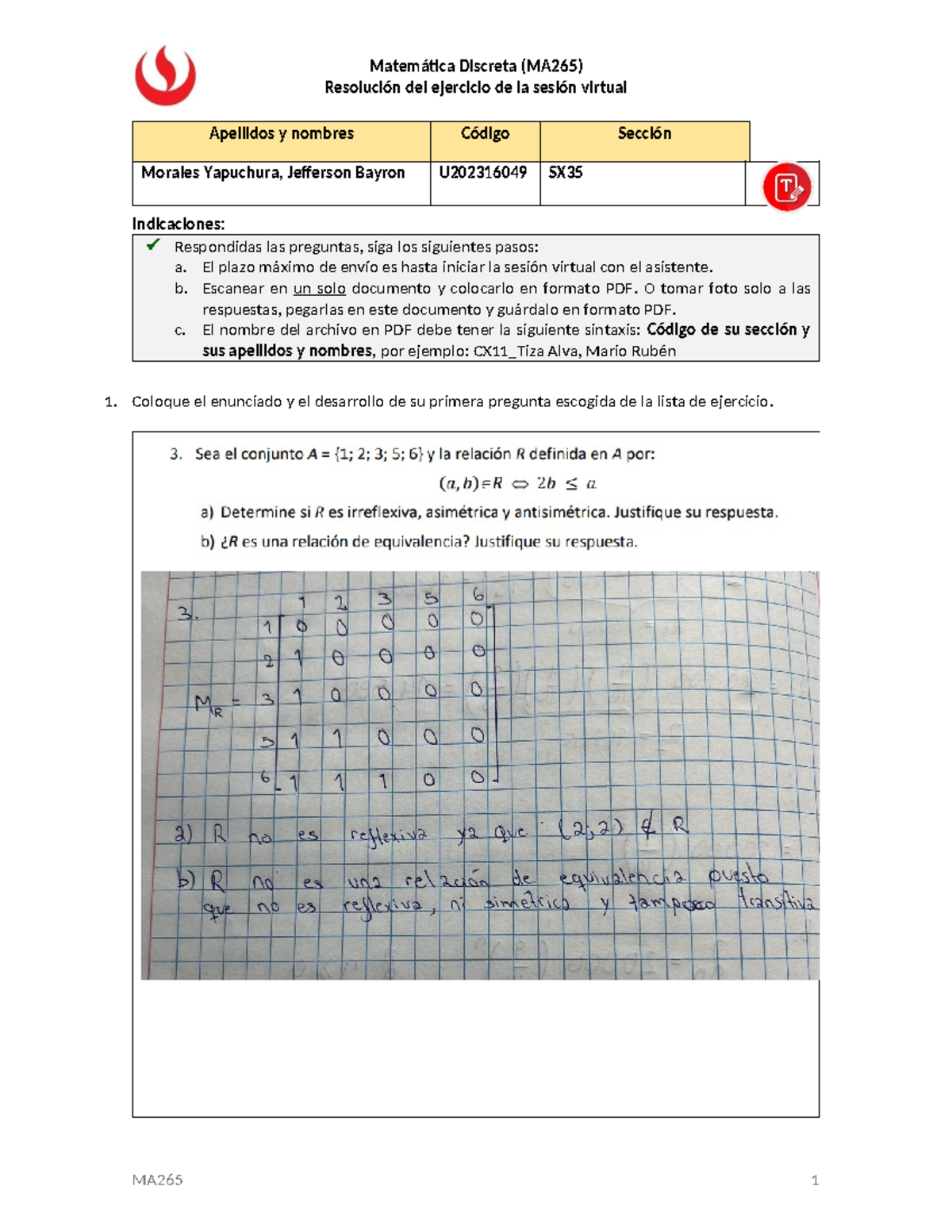 Upc - Matemática Discreta (MA265) Resolución del ejercicio de la sesión ...