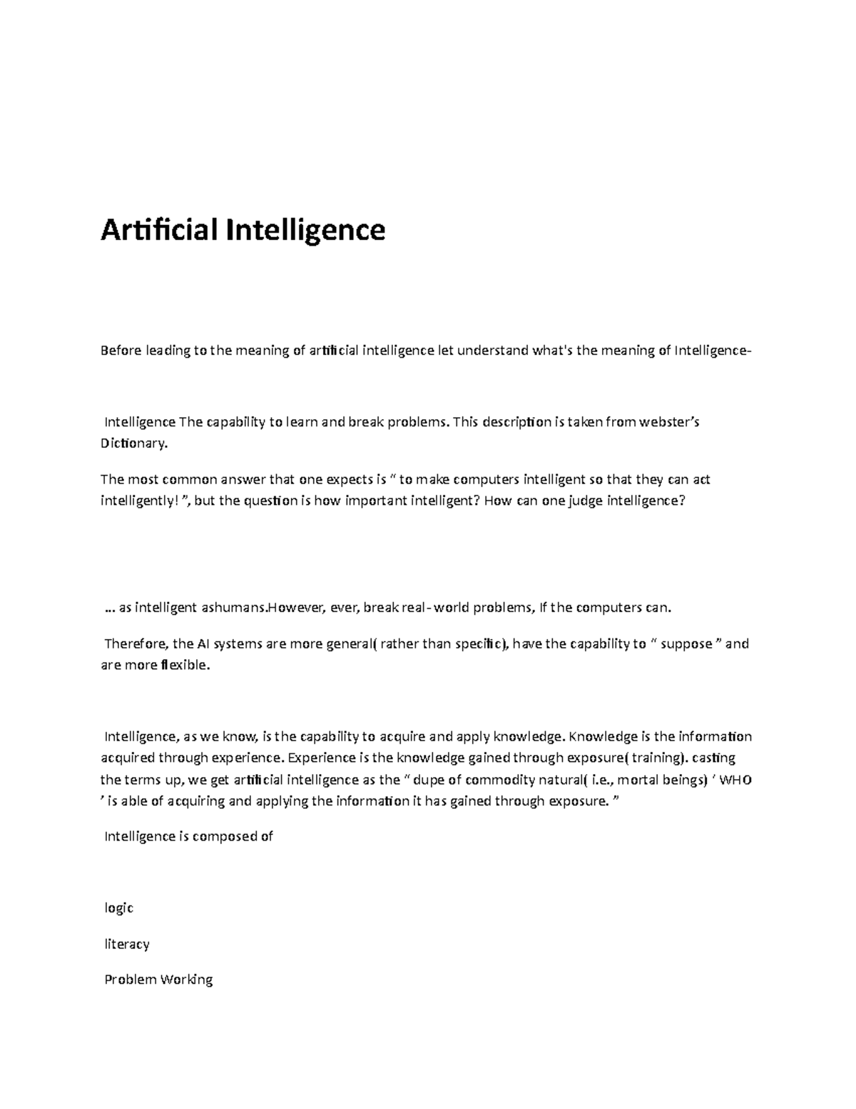Artificial Intelligence intro - Artificial Intelligence Before leading ...