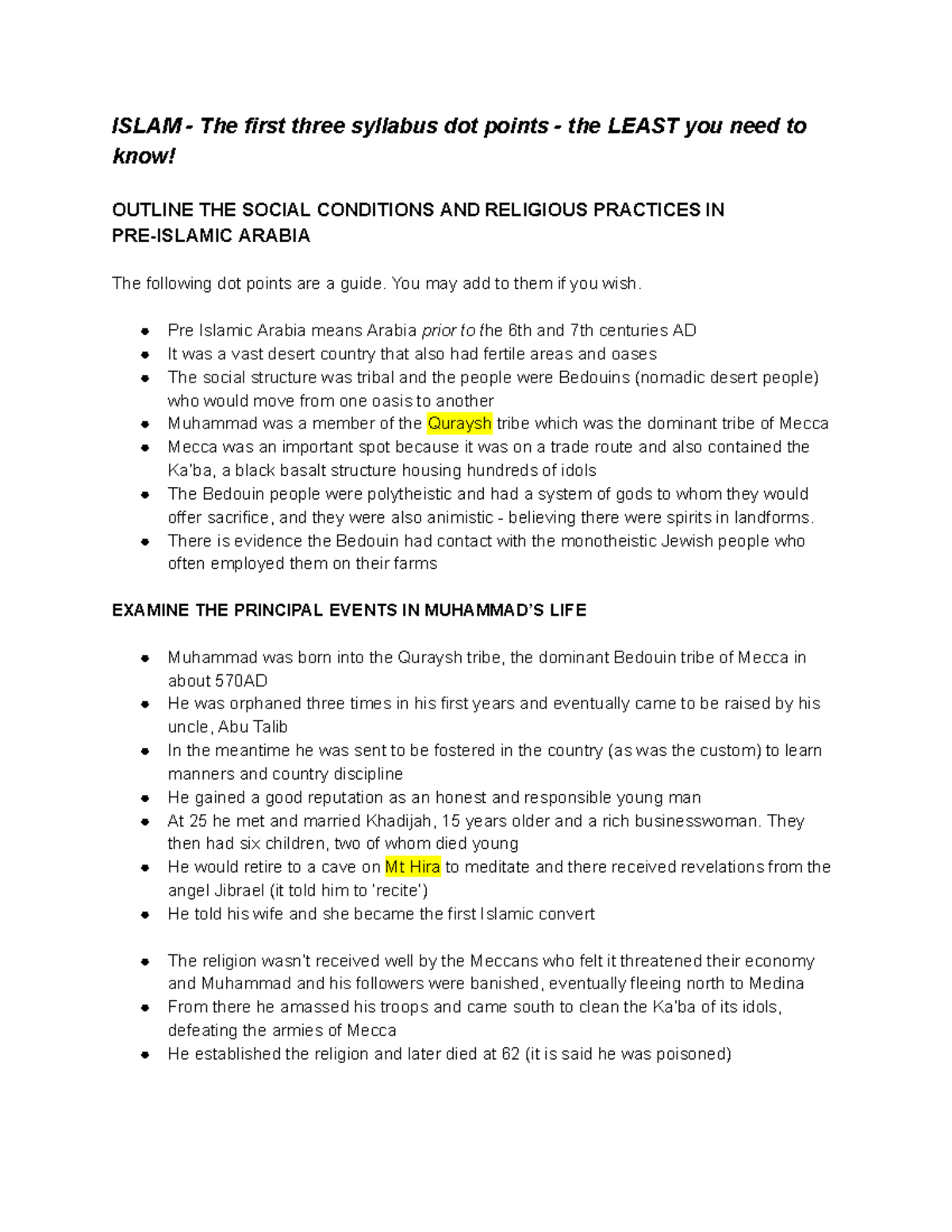 Prelim Islam - First Three DOT Points - Google Docs - ISLAM - The first ...