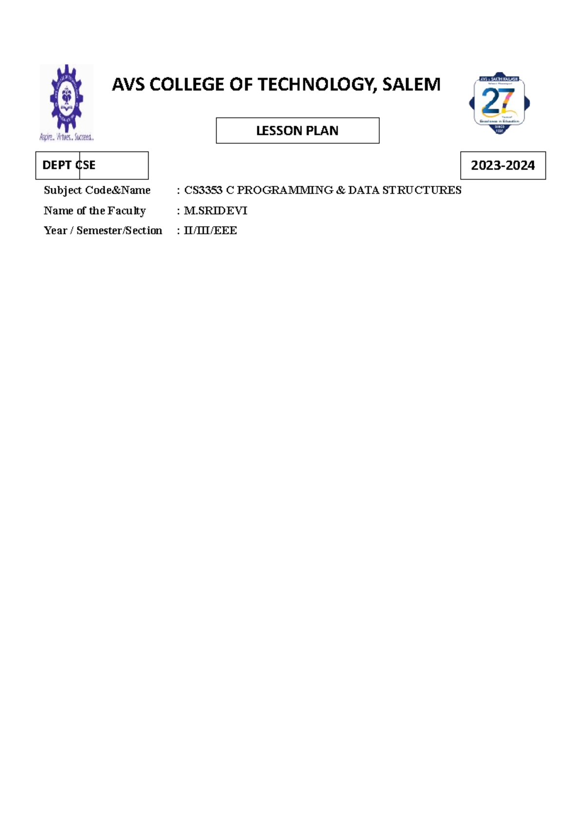 Lesson Plan - LESSON PLAN DEPT CSE 2023- AVS COLLEGE OF TECHNOLOGY, SALEM Subject Code&Name ...