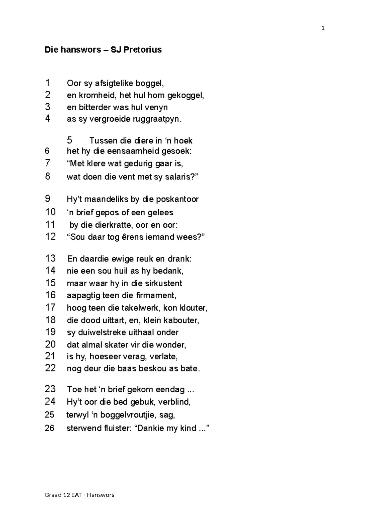 AR - Die hanswors - 2023 - Notes on afrikaans poems done - Die hanswors ...