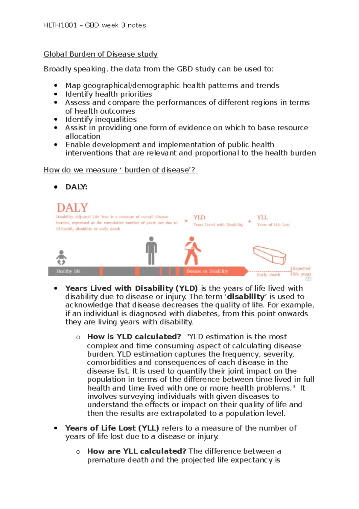 HLTH1001 week 3 notes GBD - Global Burden of Disease study Broadly ...