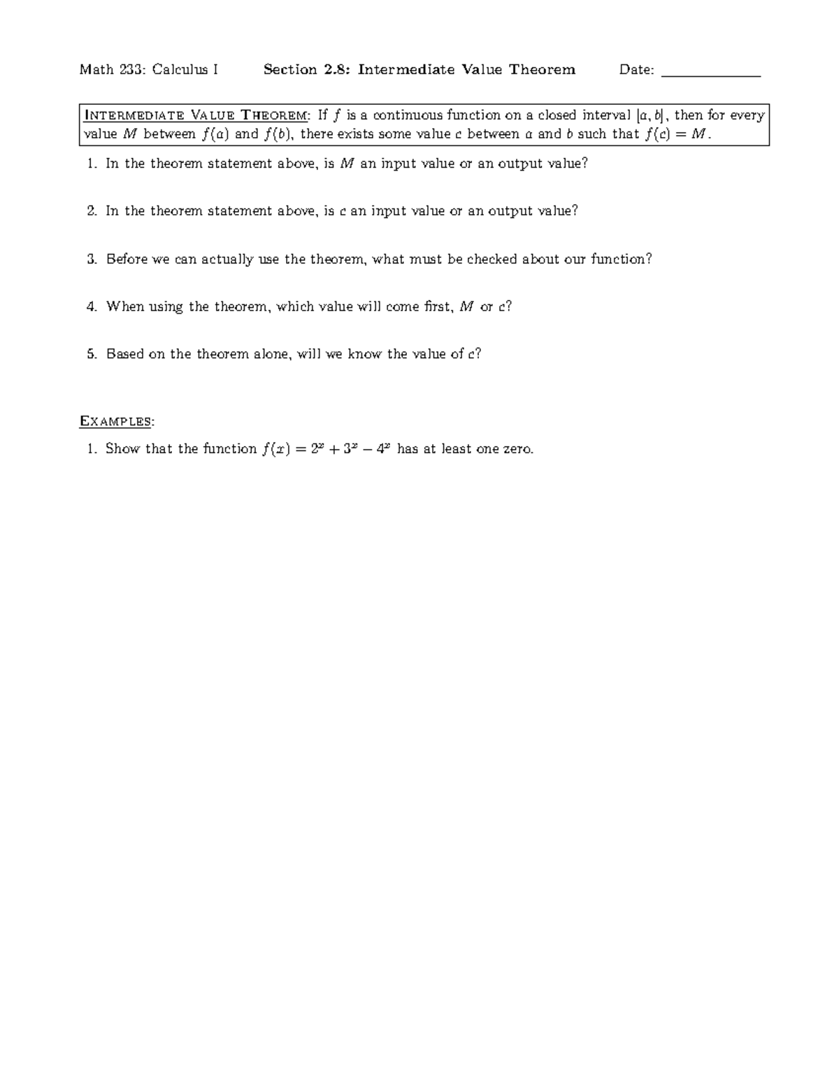 2.8 - IVT - Notes - Math 233: Calculus I Section 2: Intermediate Value ...