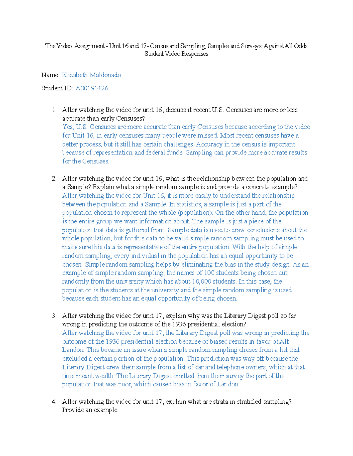 MATH-Stats Video Responses - The Video Assignment - Unit 16 and 17 ...