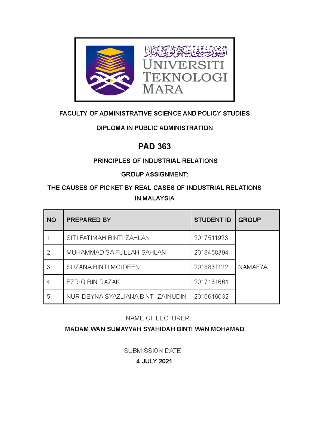 PAD363 - Assignment Group 4 TRADE UNION - FACULTY OF ADMINISTRATIVE ...