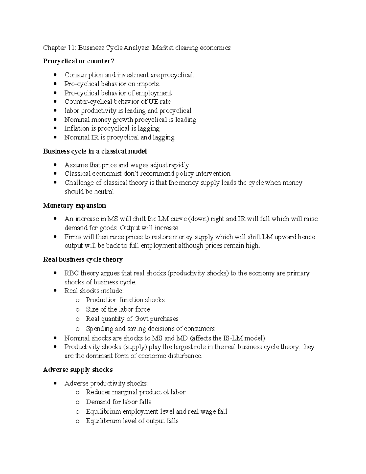 Chapter 11 - Chapter 11: Business Cycle Analysis: Market clearing ...