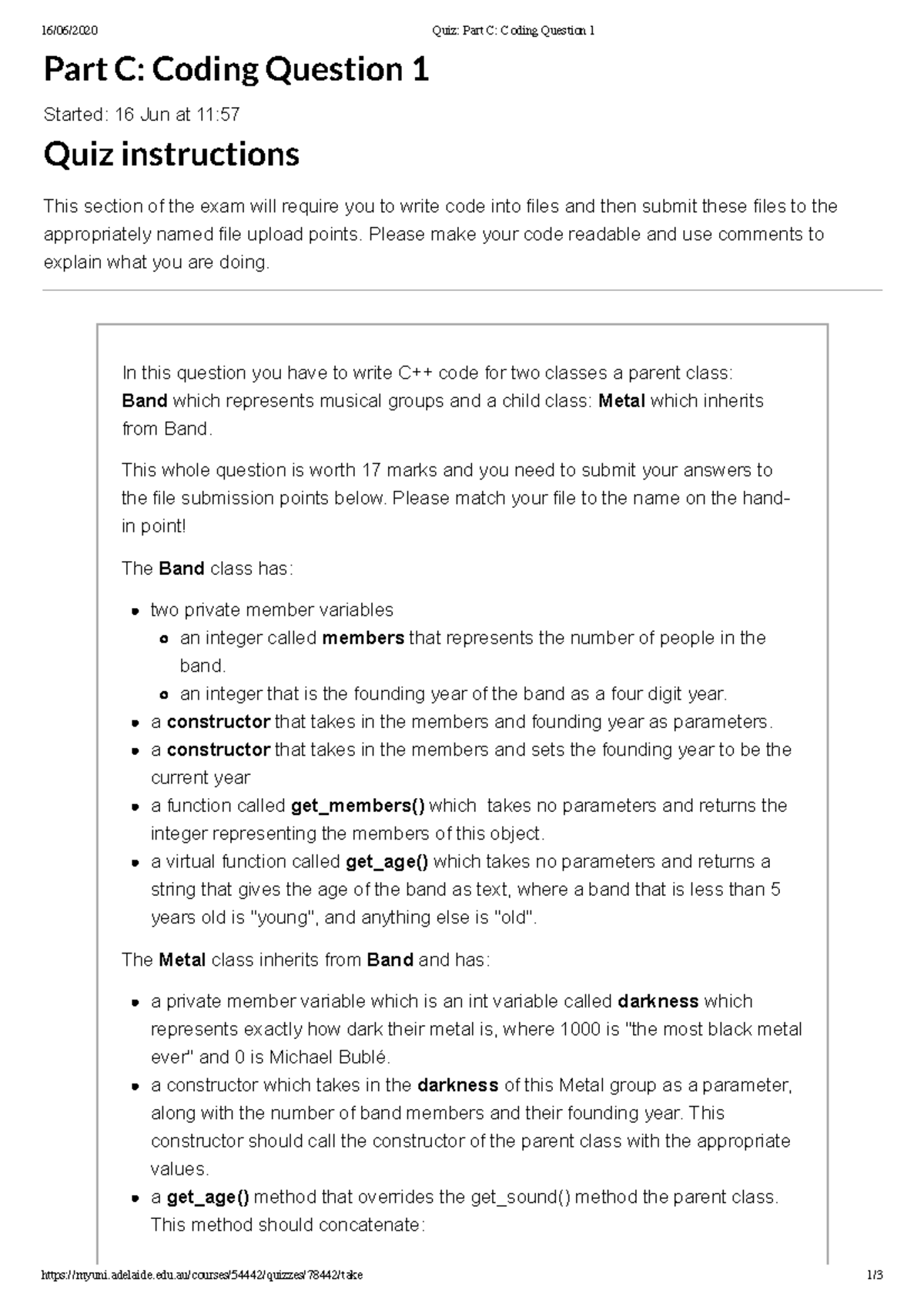 Quiz 2020, questions - 16/06/2020 Quiz: Part C: Coding Question 1 - Studocu