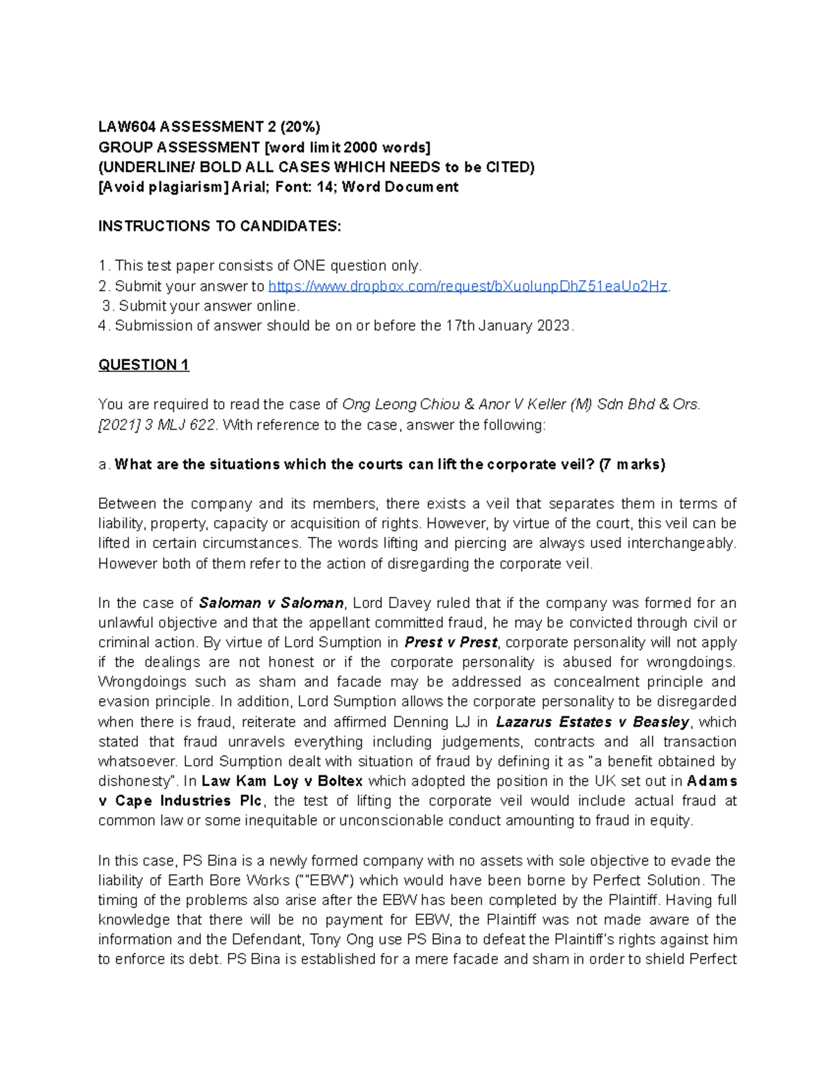 Group Assignment on Lifting up corporate veil - LAW604 ASSESSMENT 2 (20 ...