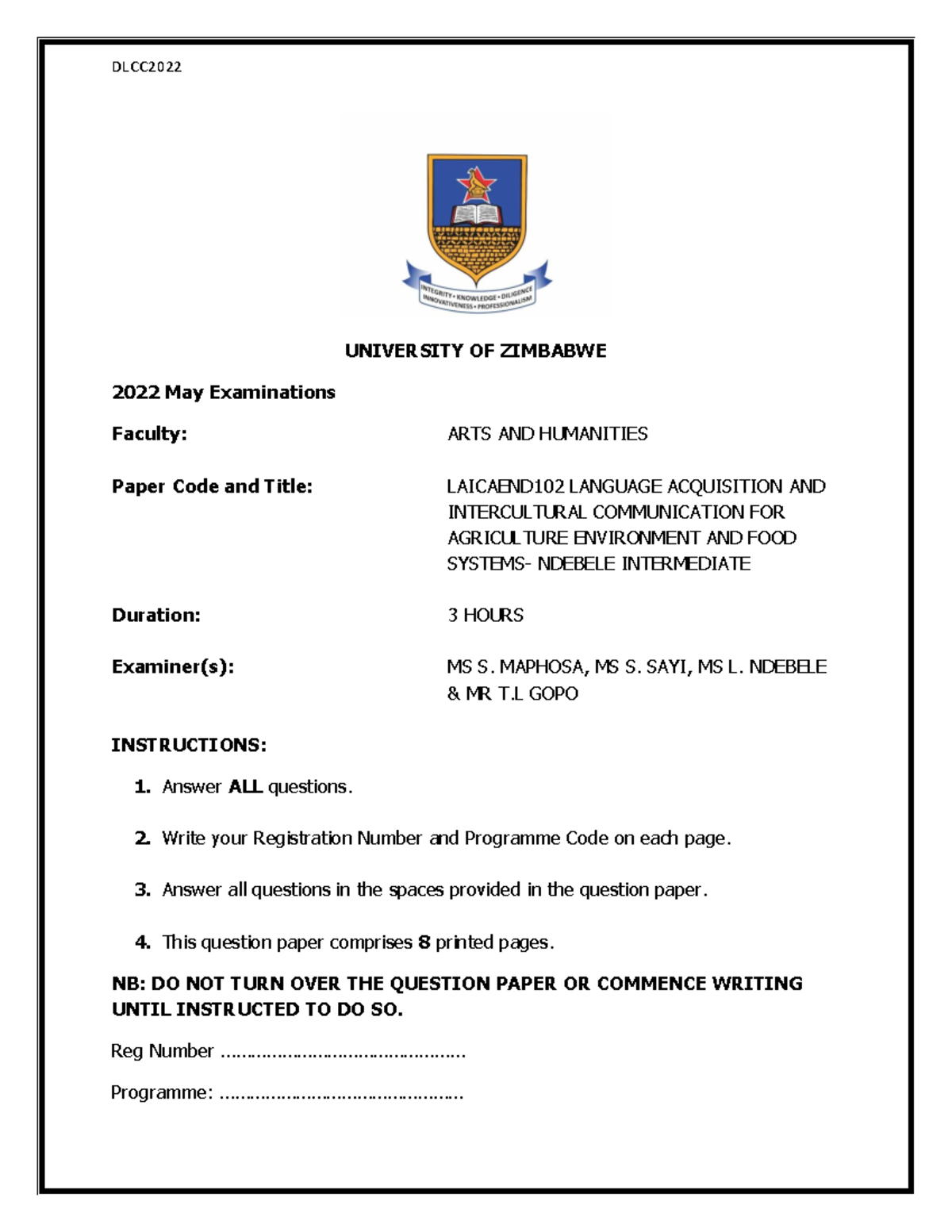 MAY EXAM Laicaend 102 Ndebele Intermediate - DLCC 2022 UNIVERSITY OF ...