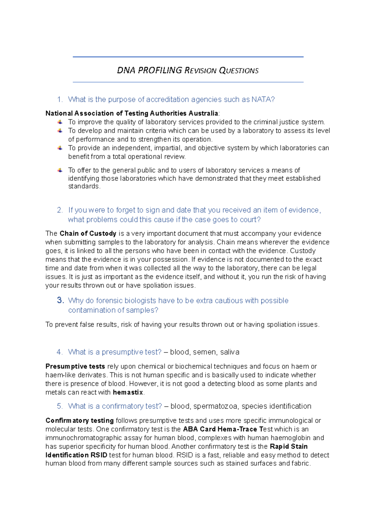 DNA Profiling Revision Questions - DNA PROFILING REVISION What is the ...