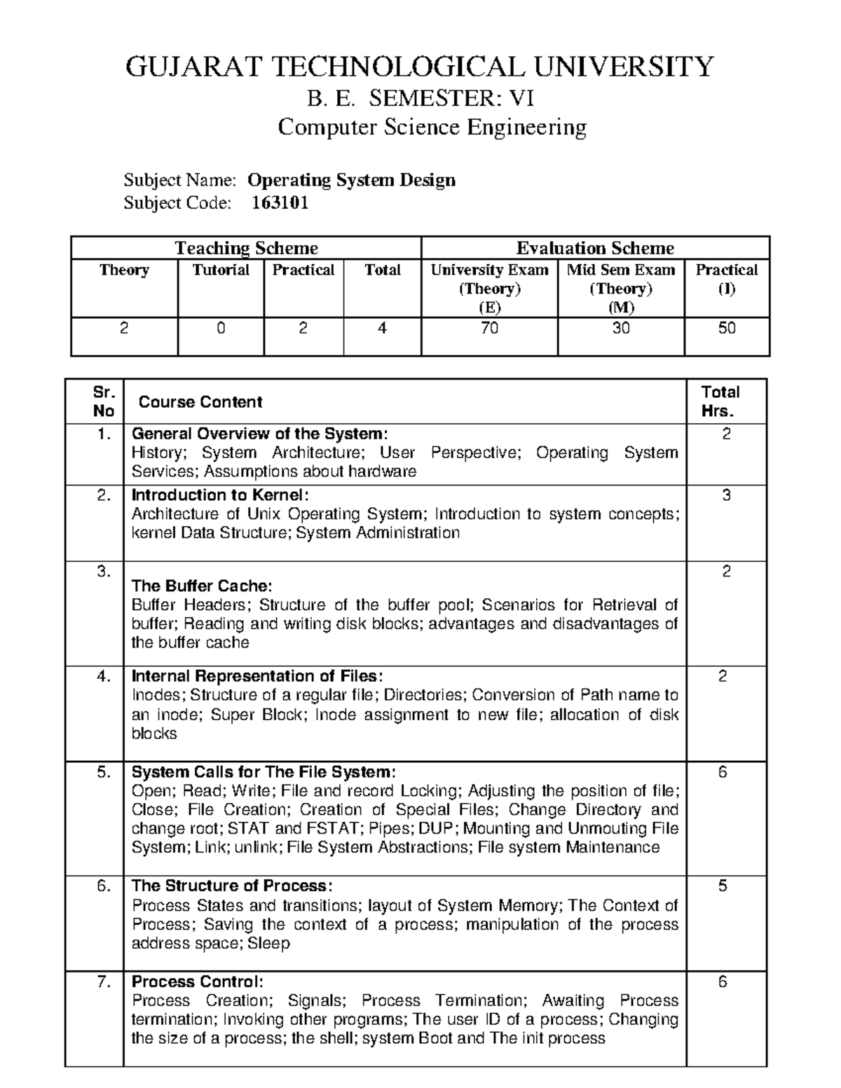 Operating System Design - GUJARAT TECHNOLOGICAL UNIVERSITY B. E. SEMESTER: VI Computer Science ...