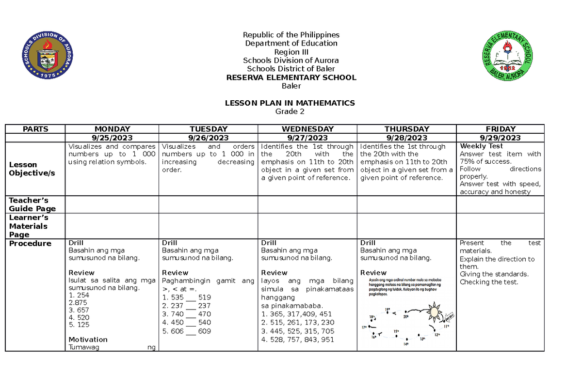 LP Q1 W4 2024 - Lesson Plan Grade 2 - Republic of the Philippines ...