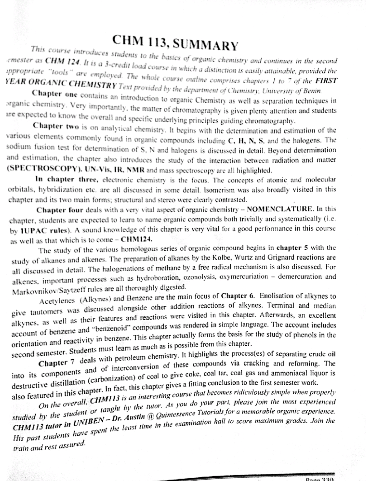 CHM 113 Summary - CHM 113, SUMMARY This as CHM course 124 introduces students to the basics of ...