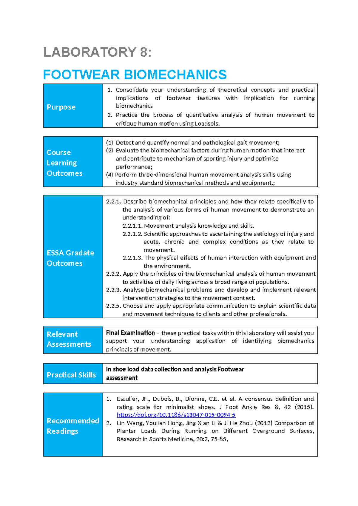 Week 9 Lab-1 - LABORATORY 8: FOOTWEAR BIOMECHANICS ####### Purpose ...