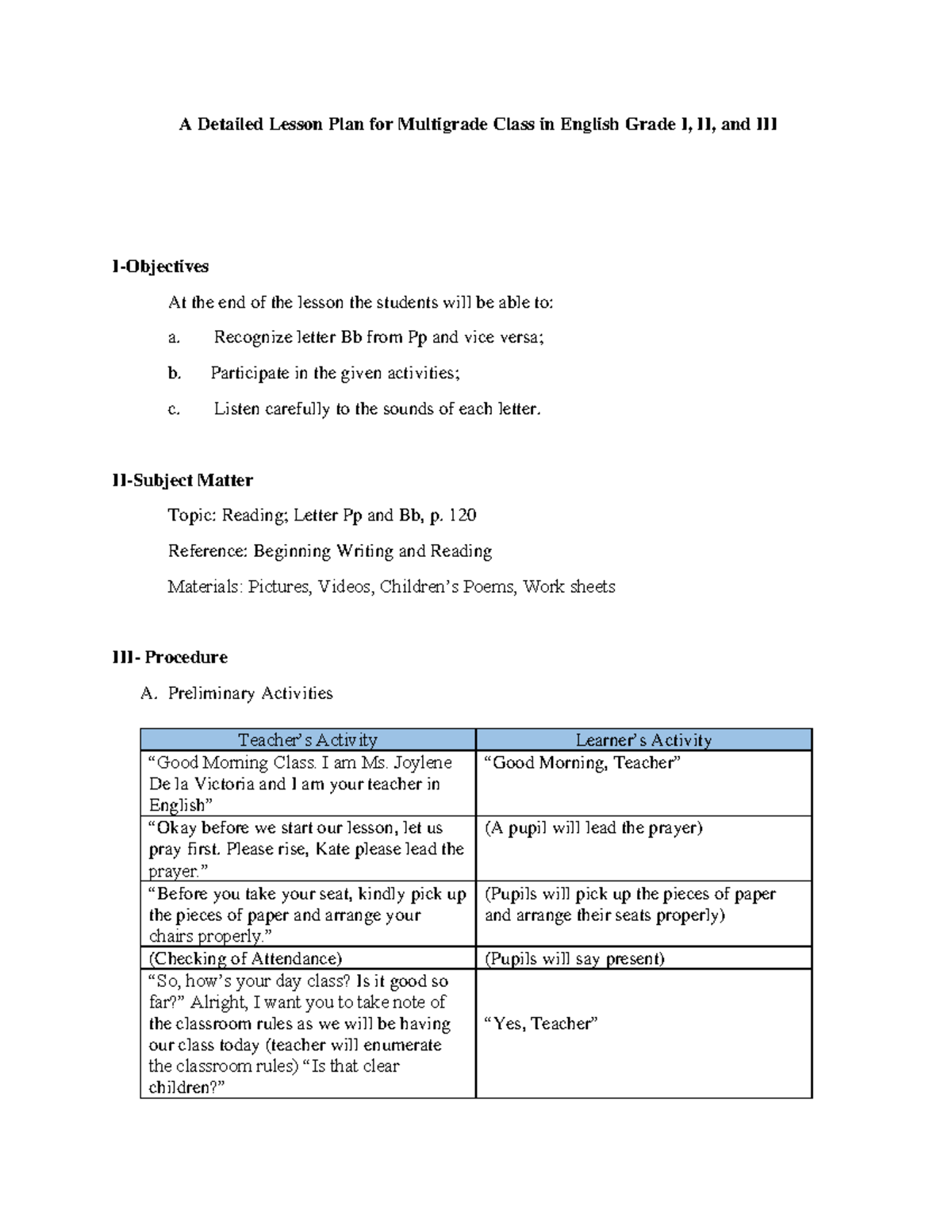 Dl P English - Sample - I-Objectives At the end of the lesson the ...