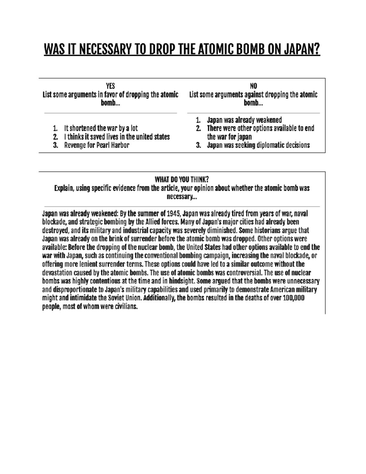Atomic Bomb Debate - Studocu