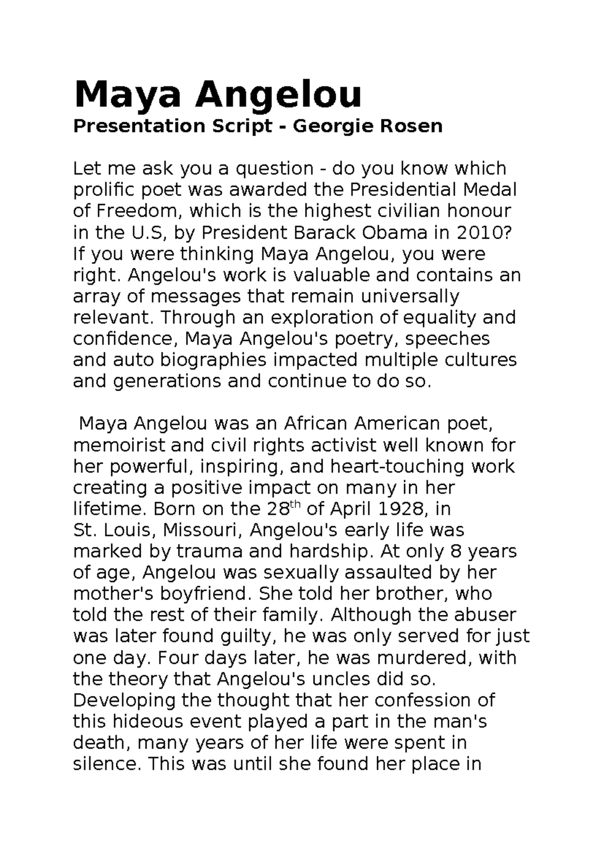 Maya Angelou Script - Maya Angelou Presentation Script - Georgie Rosen ...