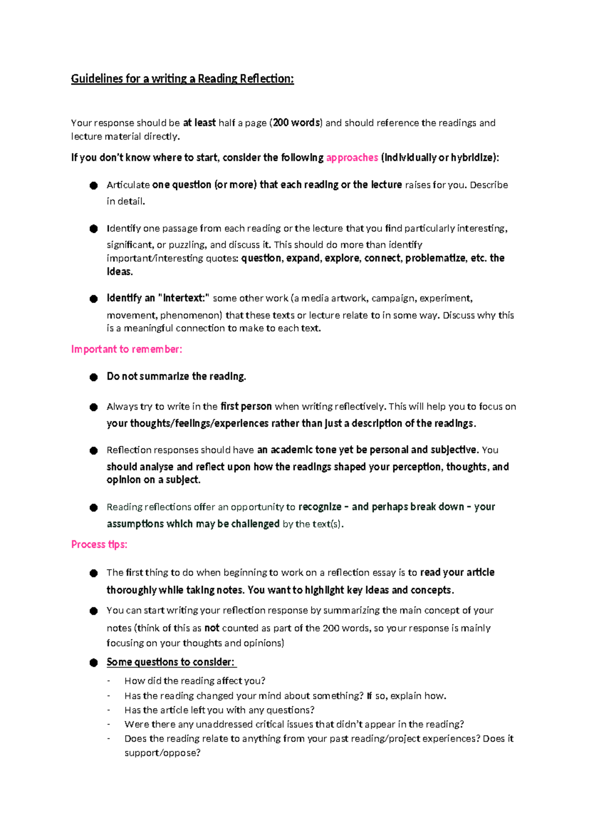 Guidelines for Writing a Reading Reflection - Guidelines for a writing ...