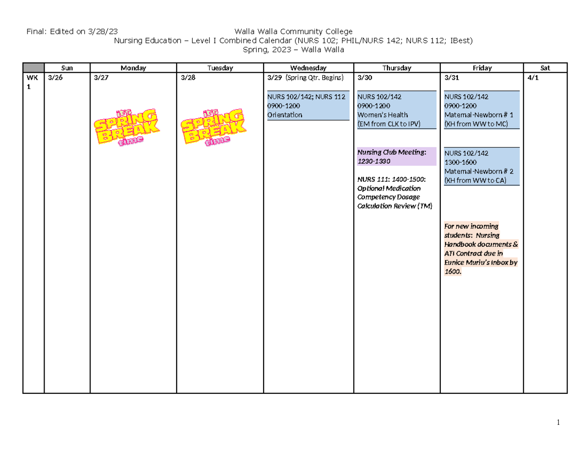 Calendar WW+L1 S23+Student Final++3 28 23 - Nursing Education – Level I ...