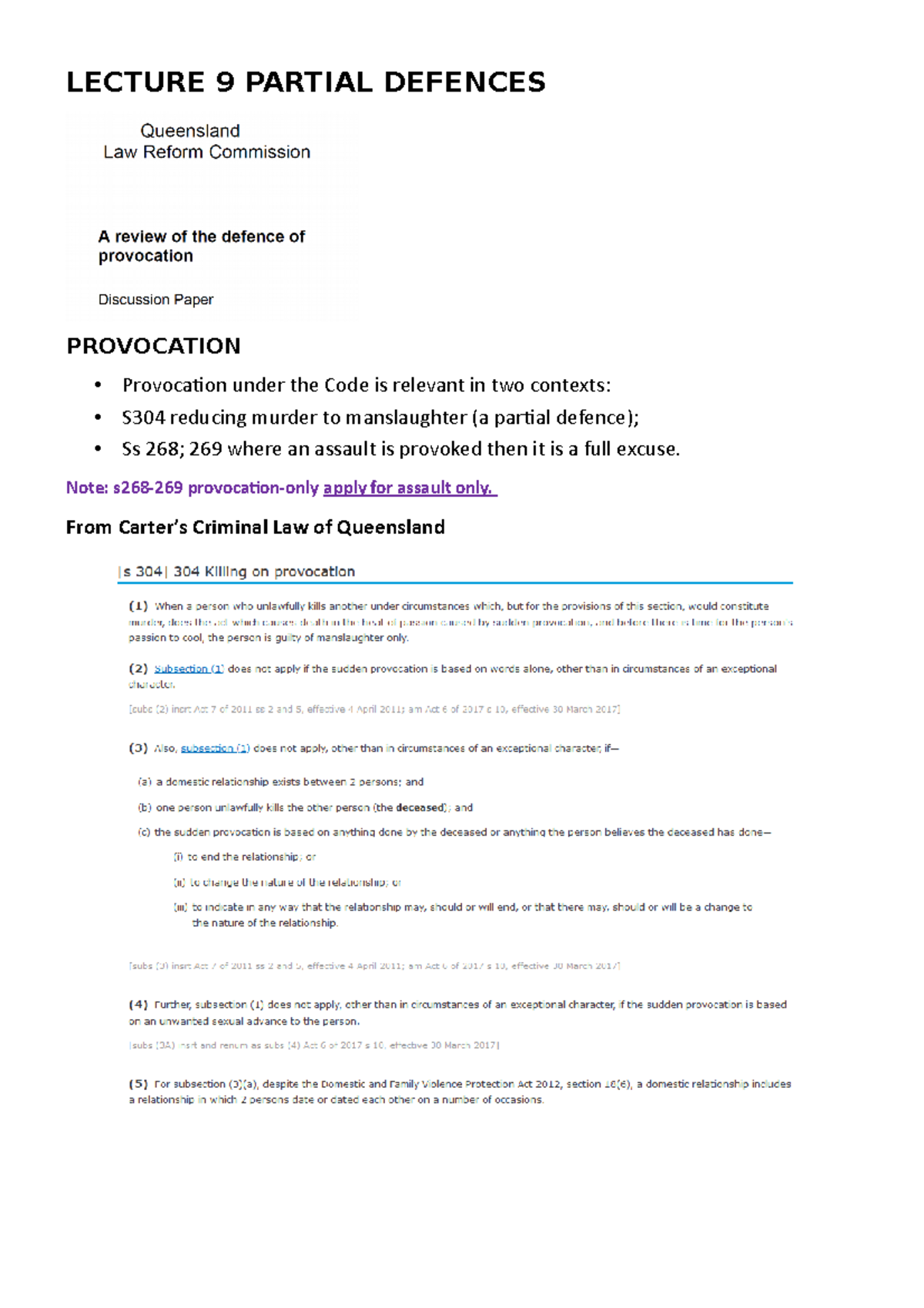 Lecture 9 Partial Defences - LECTURE 9 PARTIAL DEFENCES PROVOCATION ...