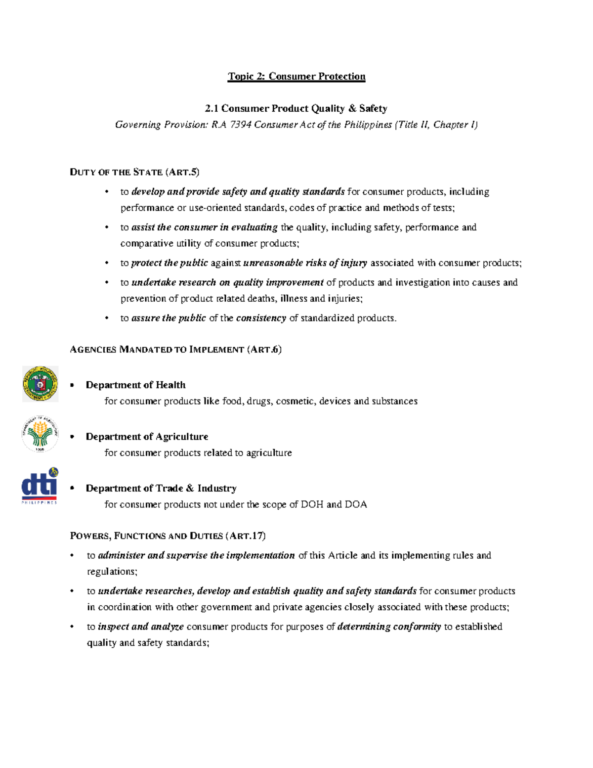 2.1 Consumer Product Quality and Safety - Topic 2: Consumer Protection ...