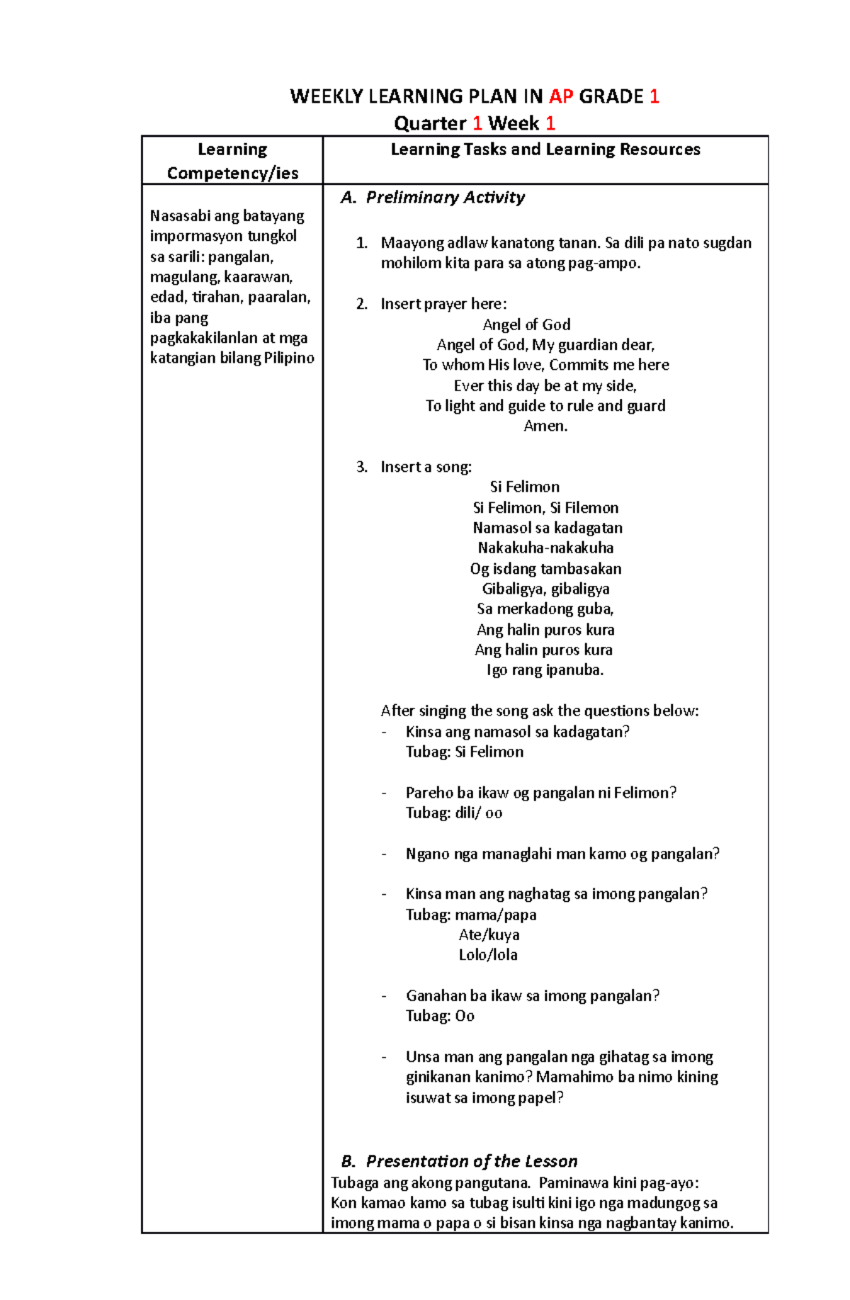 WLP-G1-W1-Mam Emelie (Final) - WEEKLY LEARNING PLAN IN AP GRADE 1 ...