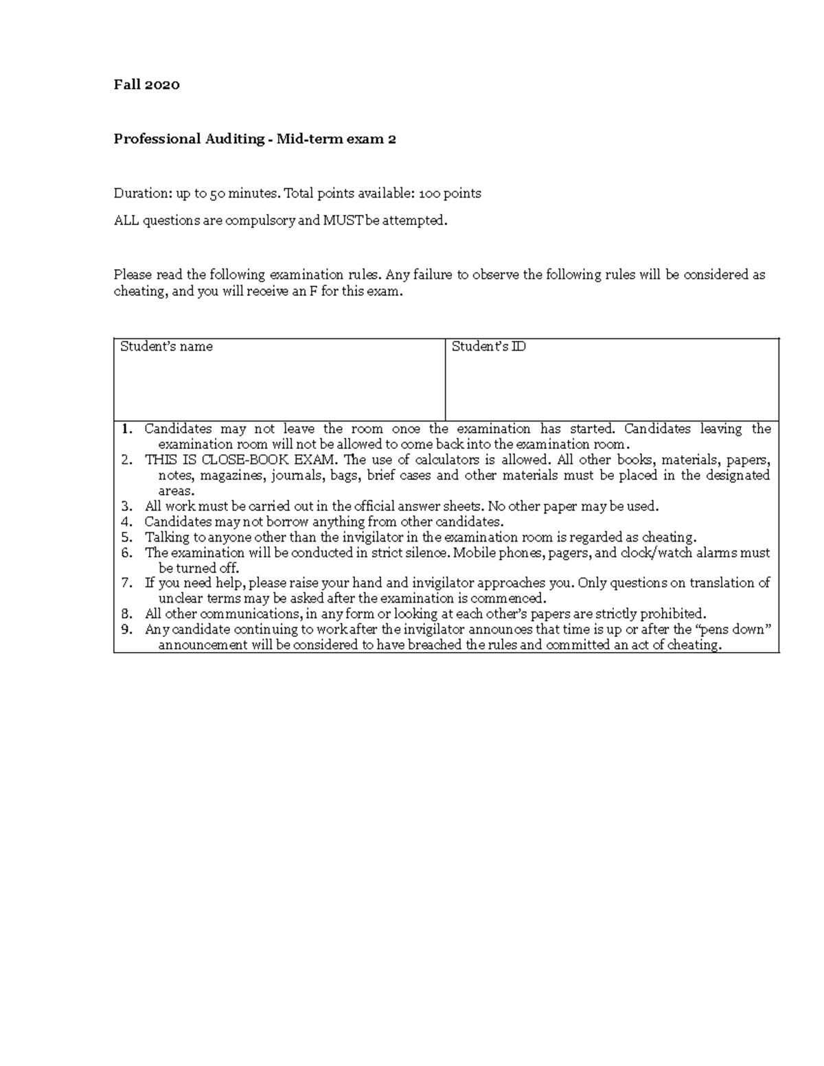Mid 2 Fall 2020 - midterm preparation - Fall 2020 Professional Auditing ...