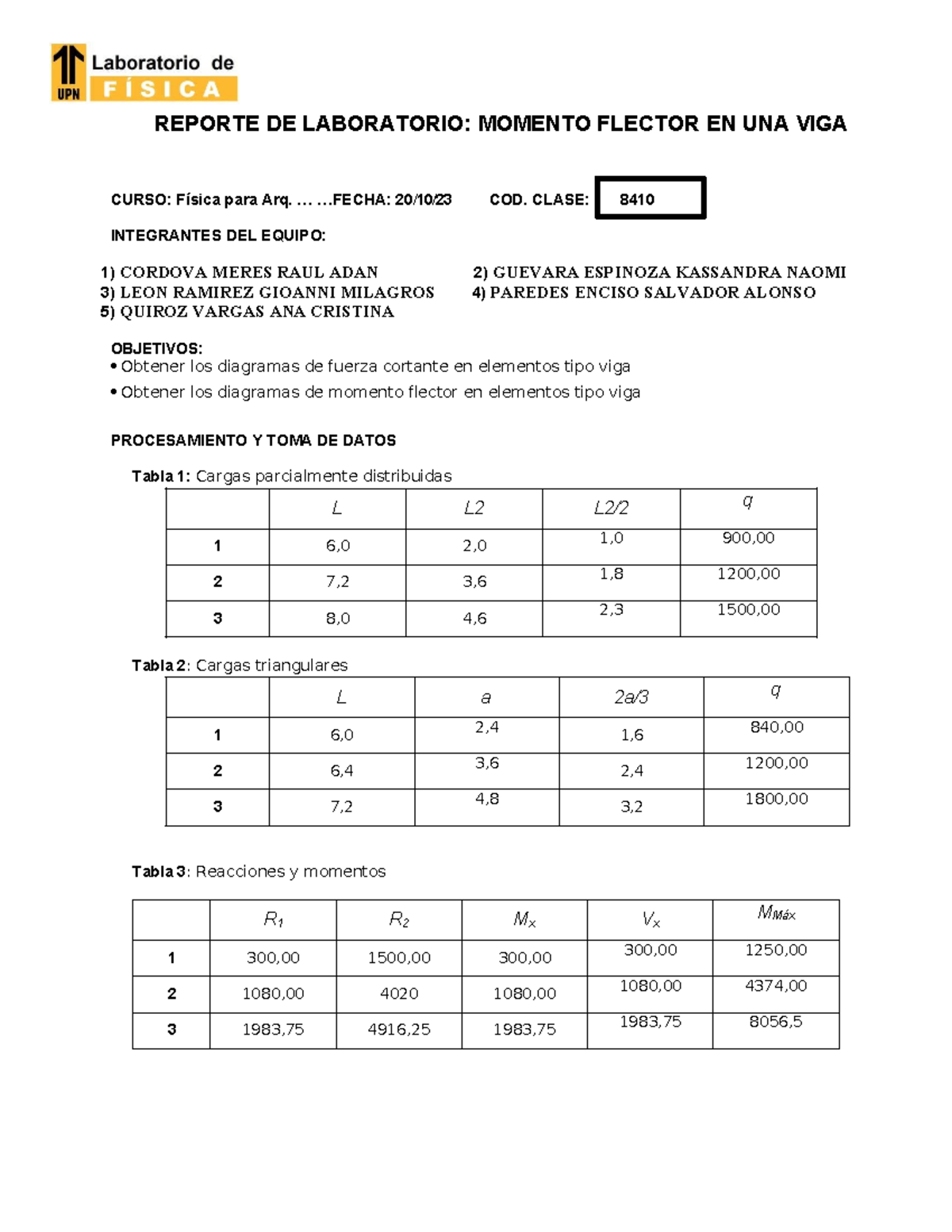 Reporte LAB Fisica - REPORTE DE LABORATORIO: MOMENTO FLECTOR EN UNA VIGA CURSO: Física para Arq ...