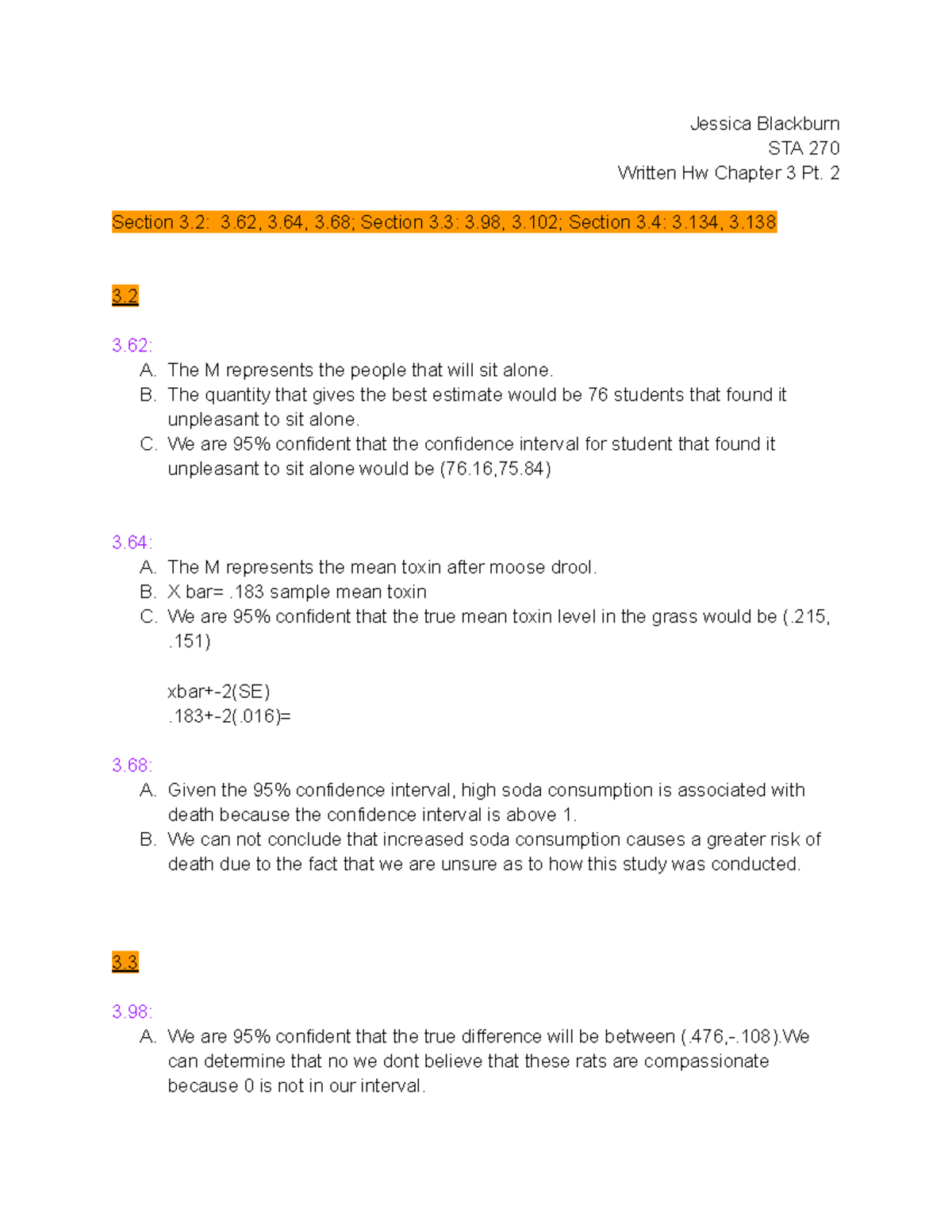Sta written 3 - Jessica Blackburn STA 270 Written Hw Chapter 3 Pt. 2 ...
