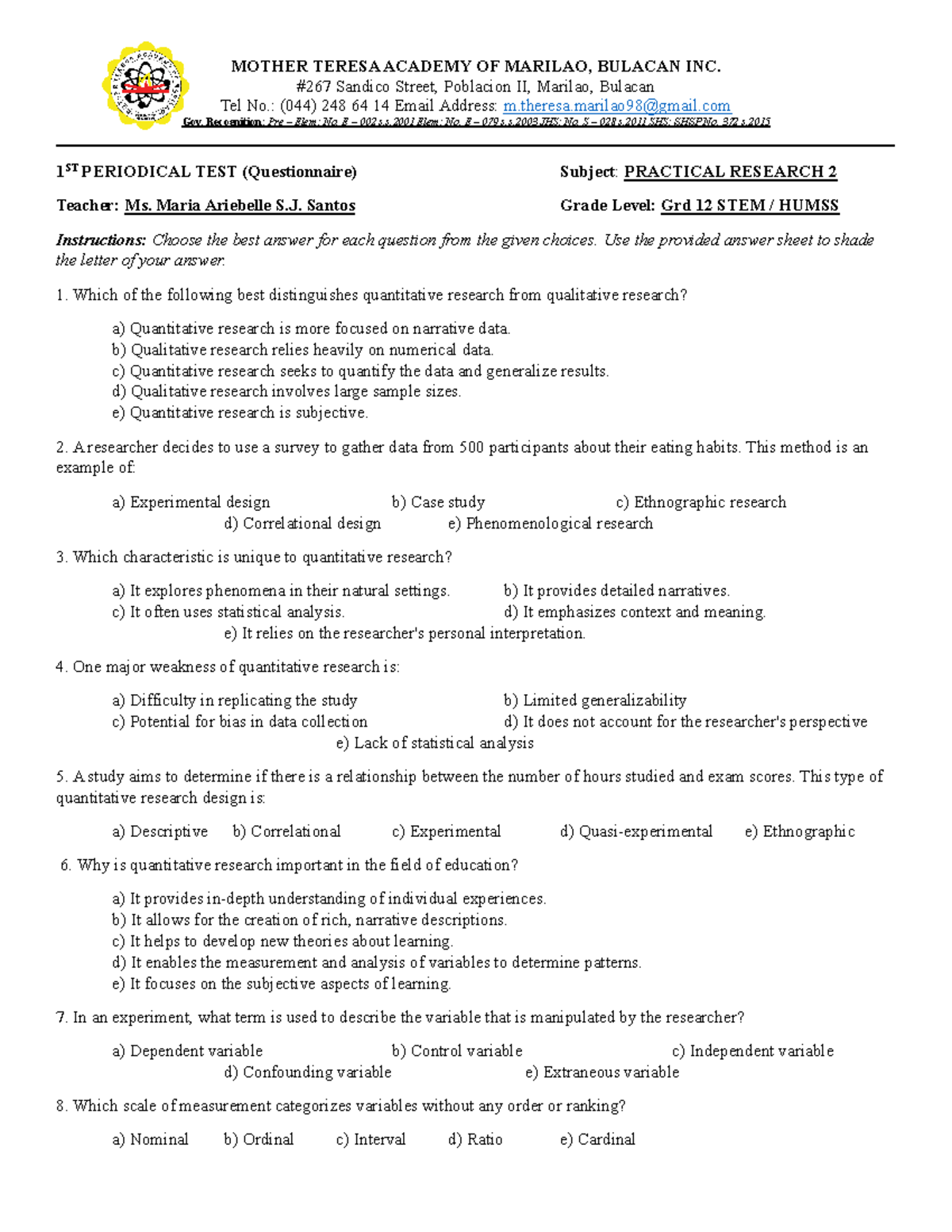 Q1 Periodical Test in PR2 - MOTHER TERESA ACADEMY OF MARILAO, BULACAN ...