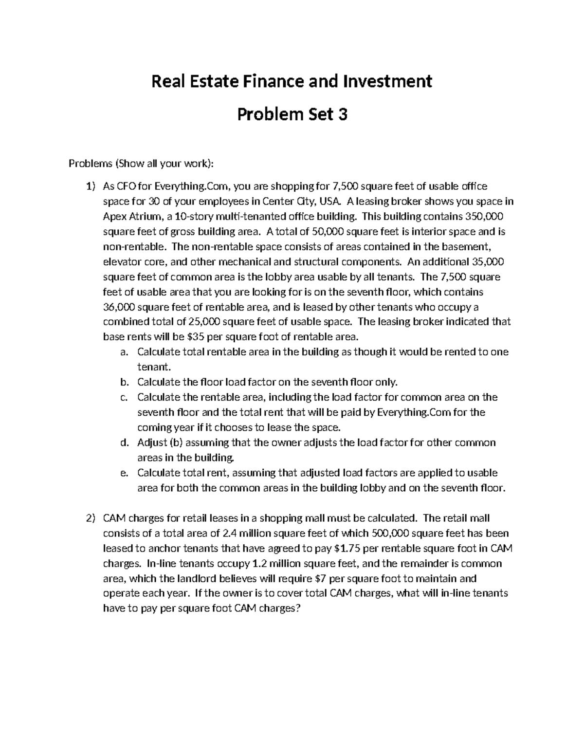 Problem Set 3 - Lease Calculations - Commercial Proforma - Real Estate ...