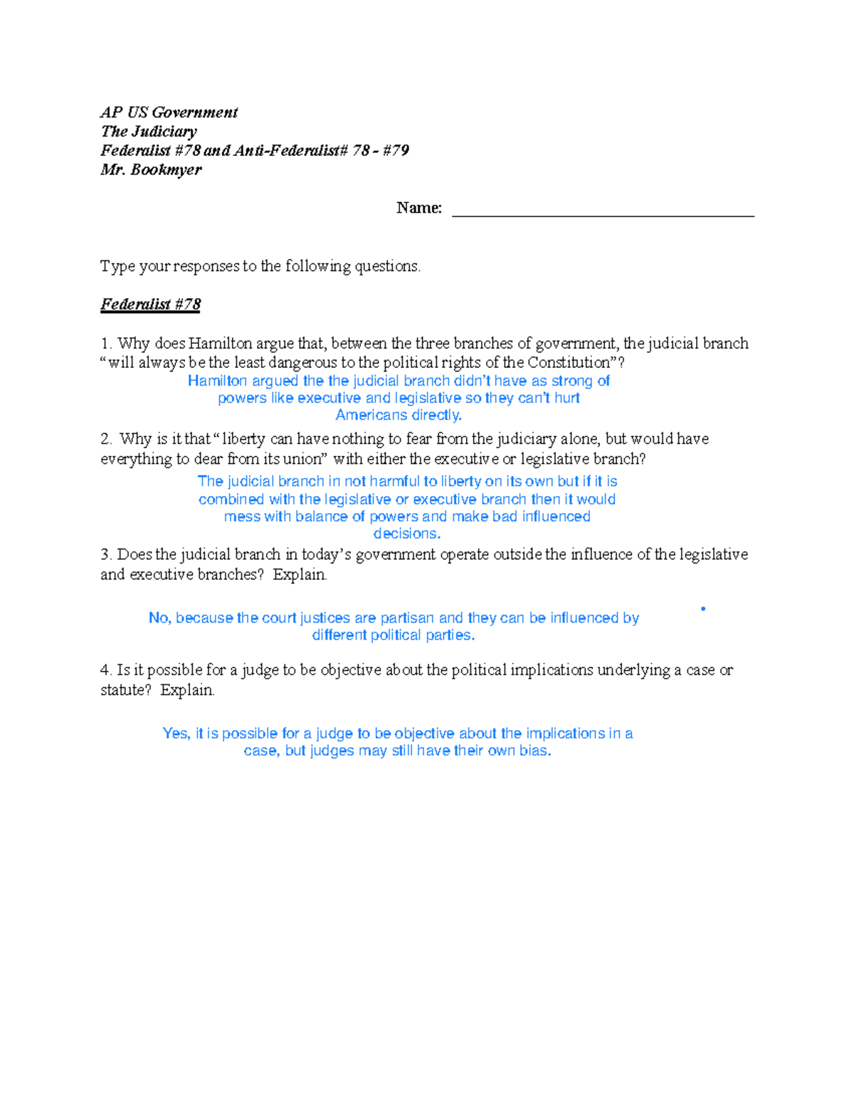Fed 78 and Anti Fed 78-79 Questions - AP US Government The Judiciary ...