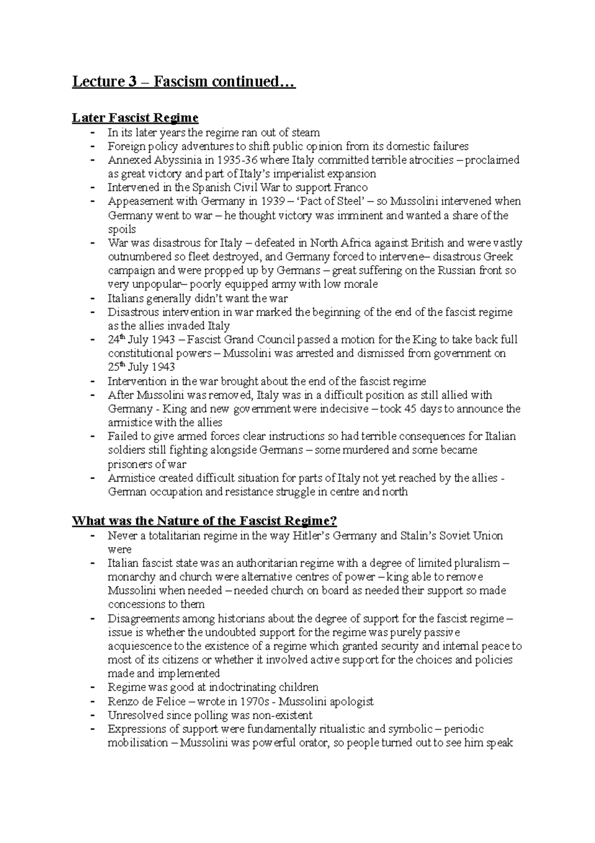 Lecture 3 - Fascism Continued - Lecture 3 – Fascism continued... Later ...