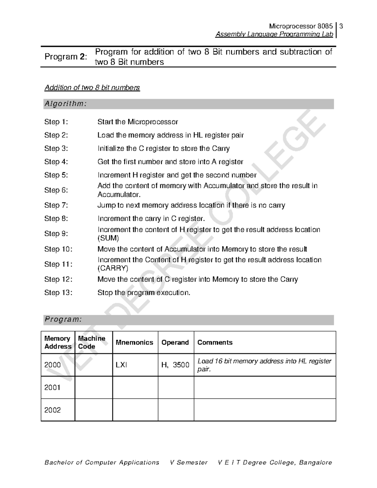 Program 2 - Microprocessor 8085 3 Assembly Language Programming Lab ...