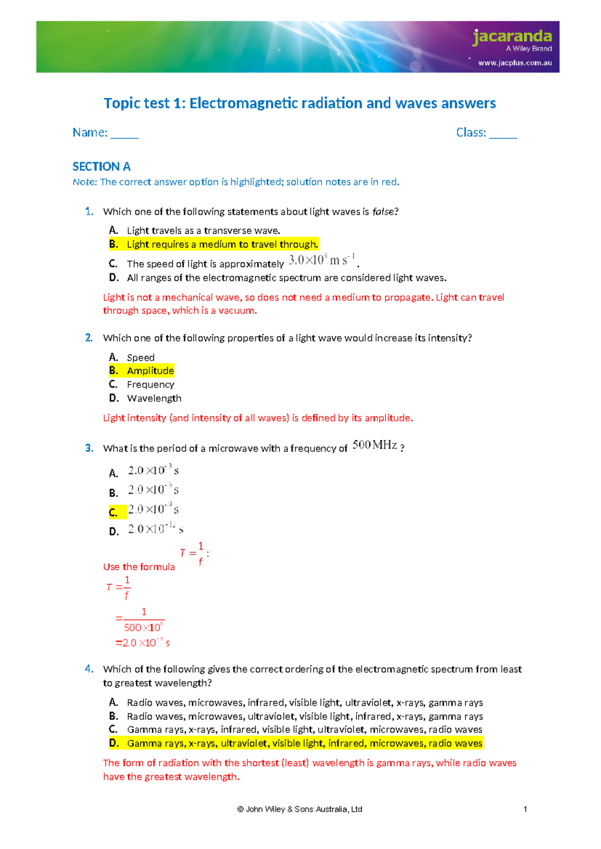Ch 1 Test Solutions-1 - Ch 1 Test Solutions-1 - Name: Class: SECTION A ...
