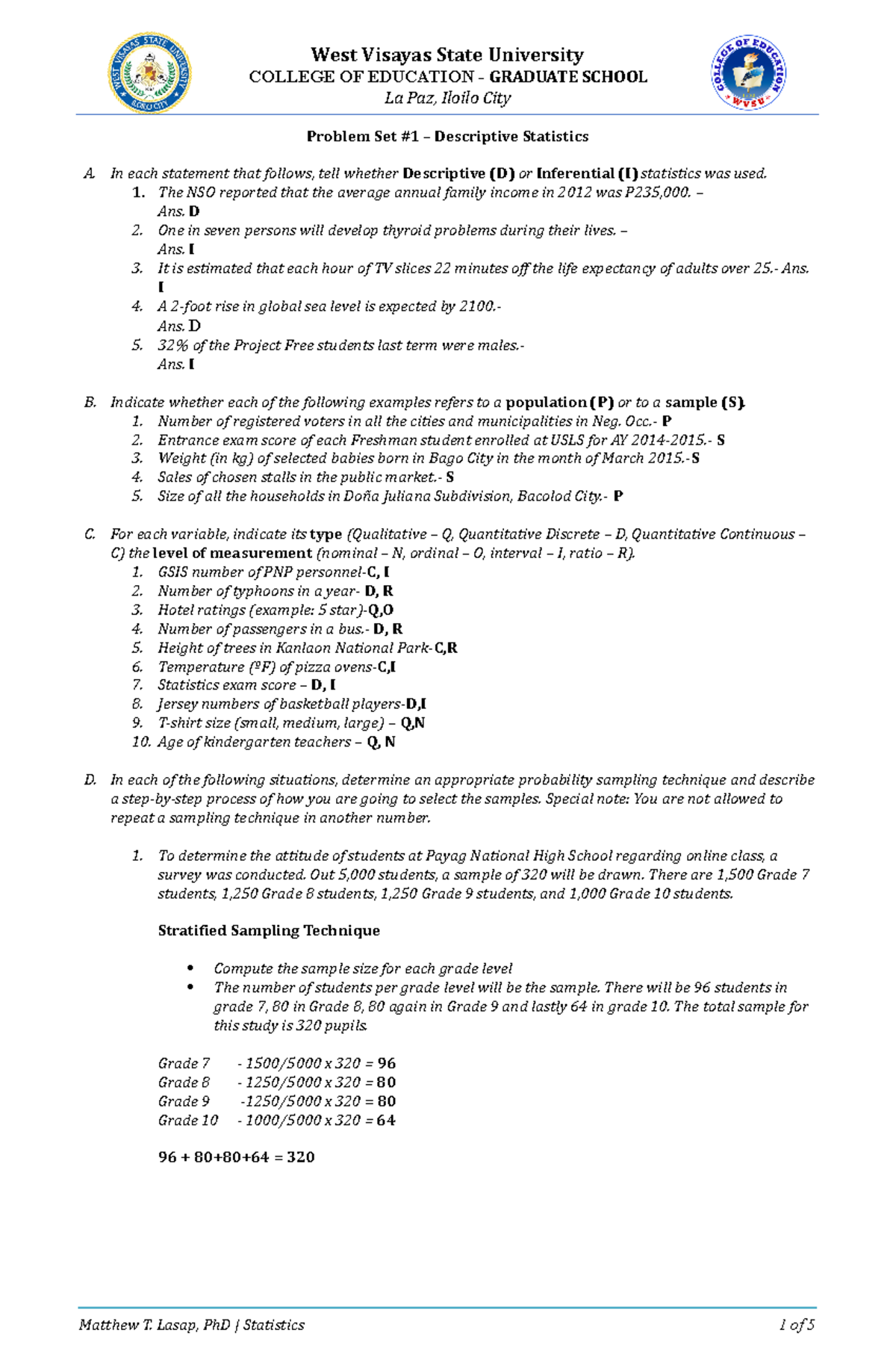 Problem Set 1 - Statistics - COLLEGE OF EDUCATION - GRADUATE SCHOOL La ...