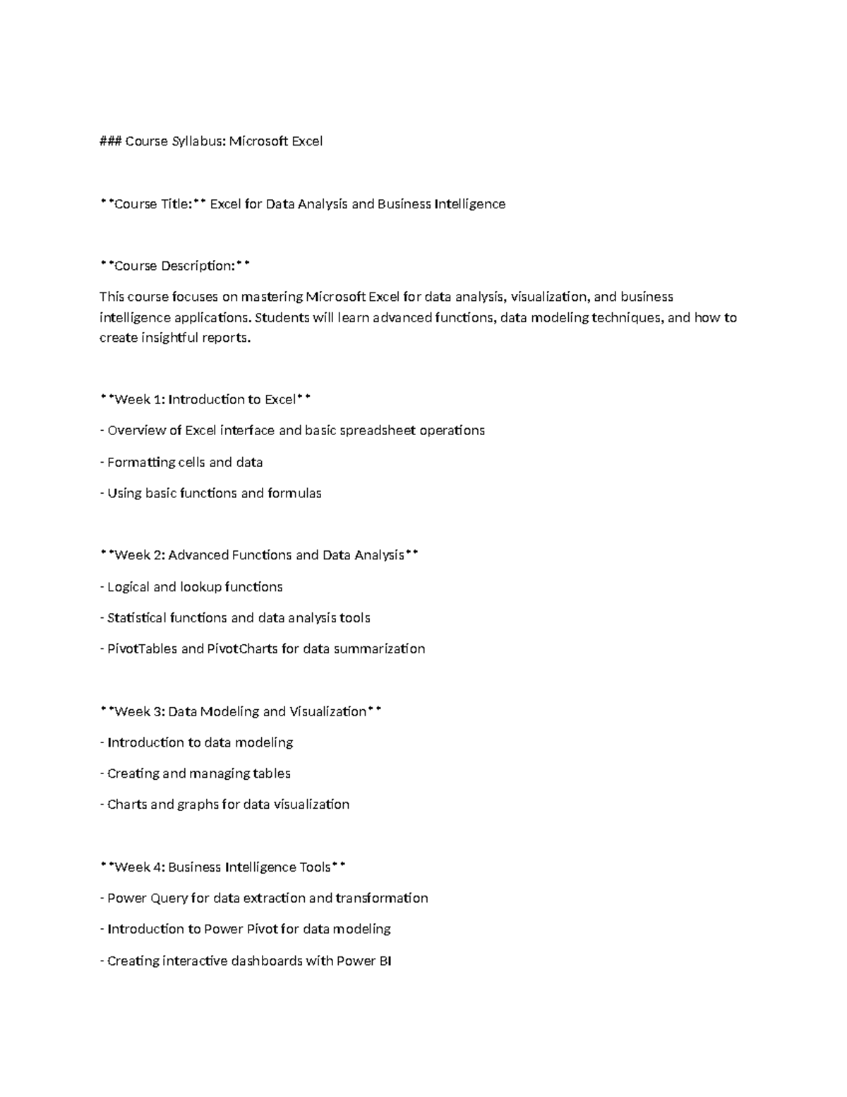 Course Syllabus For Ms Excel Course Syllabus Microsoft Excel Course Title Excel For Data