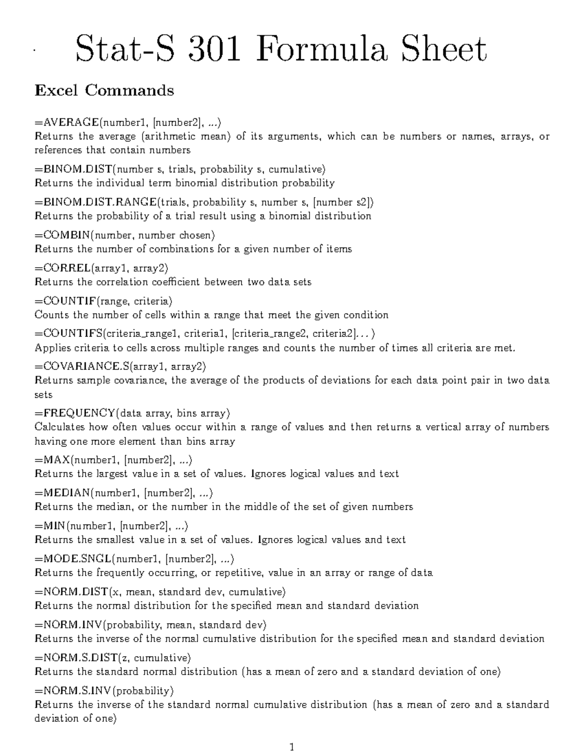 Formula Sheet Exam 1 - Stat-S 301 Formula Sheet Excel Commands =AVERAGE ...