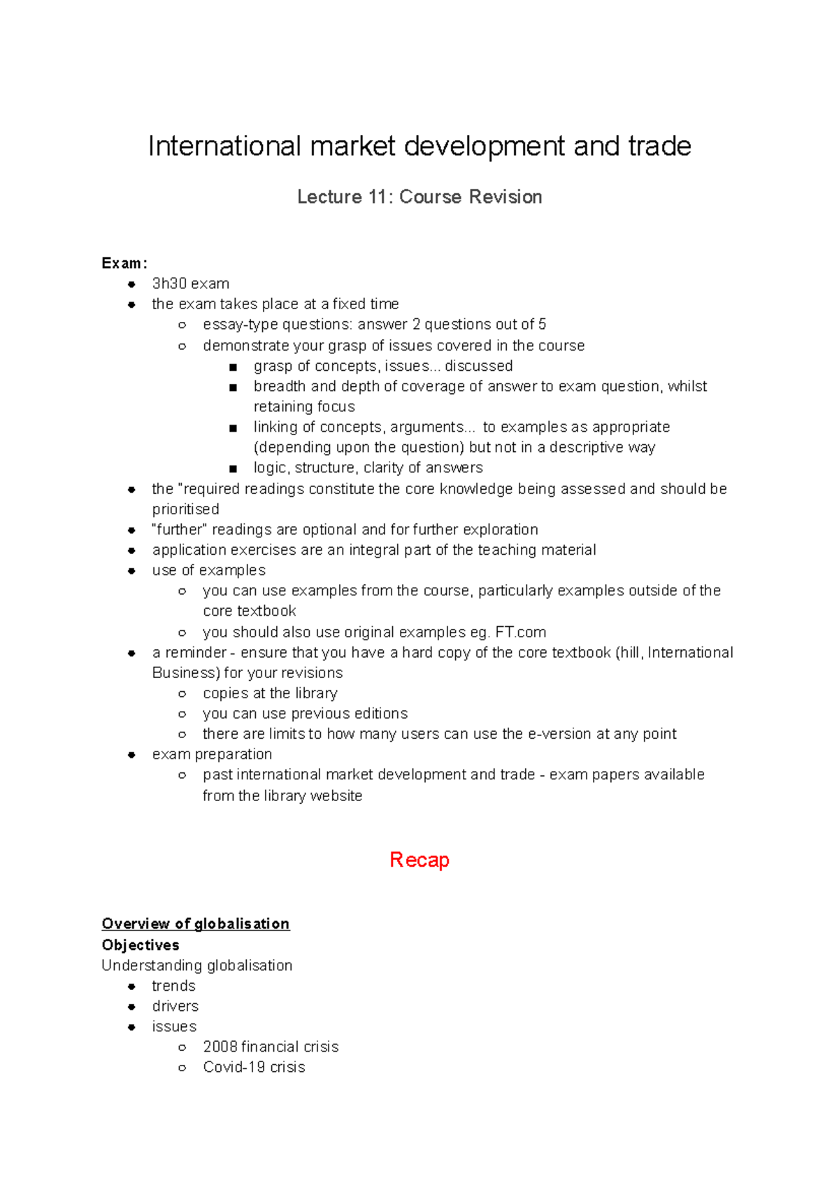 Lecture 11 Course Revision - International market development and trade ...