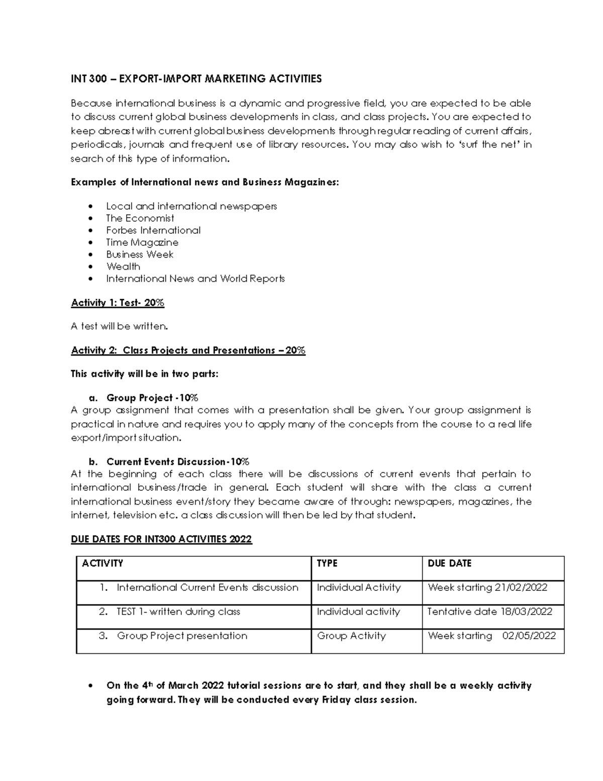 INT 300 Course Activities 2022 - INT 300 – EXPORT-IMPORT MARKETING ...