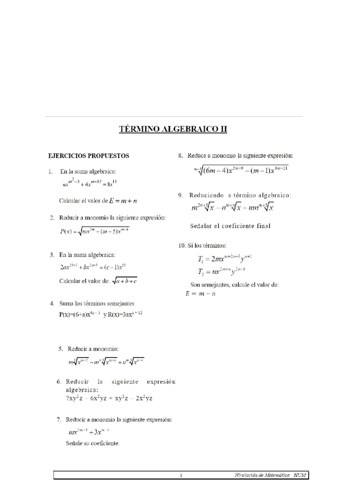 S07.s2 - Ejercicios - TÉRMINO ALGEBRAICO II EJERCICIOS PROPUESTOS 8. Reduce a monomio la ...
