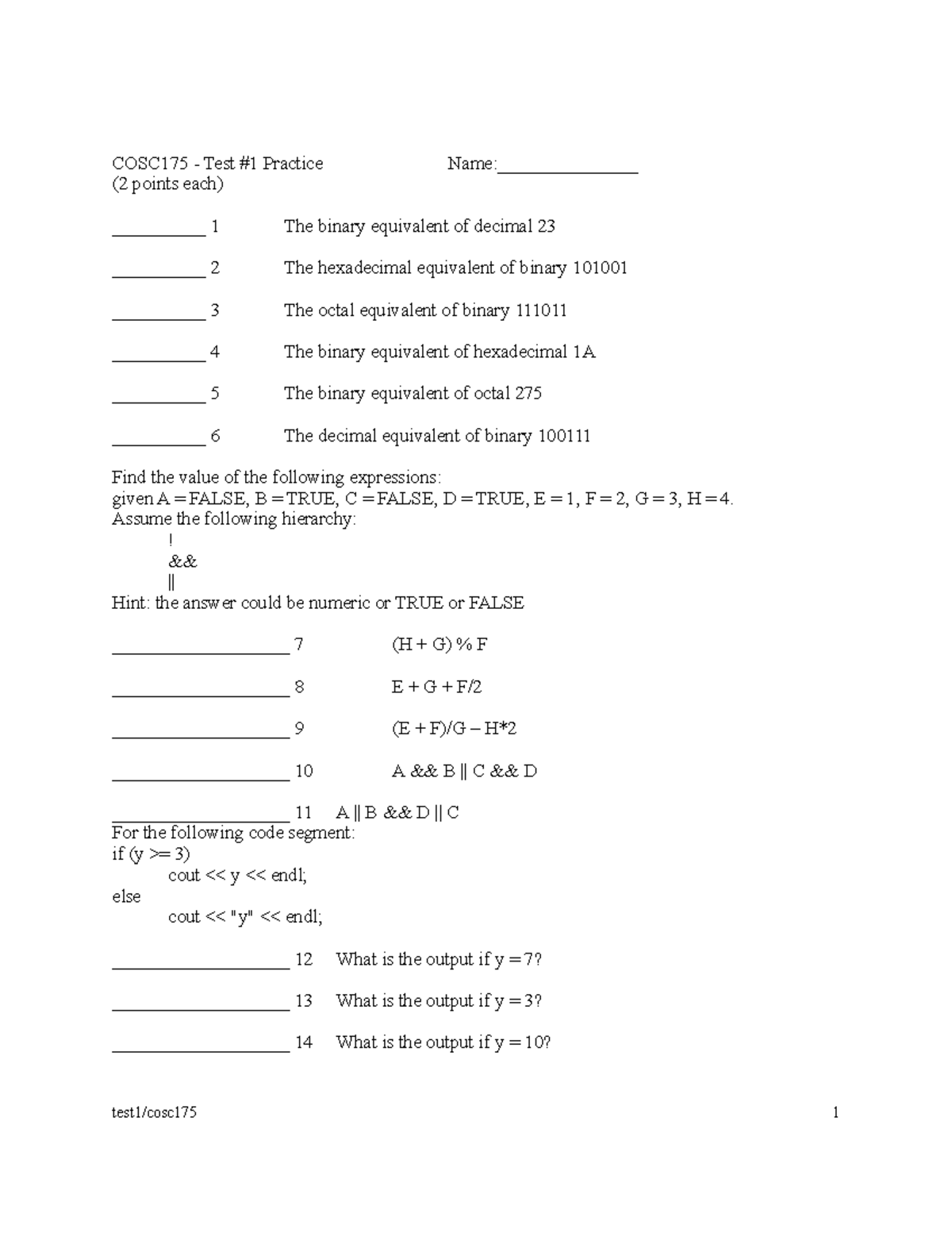 Practice test - COSC175 - Test #1 Practice Name:_______________ (2 ...