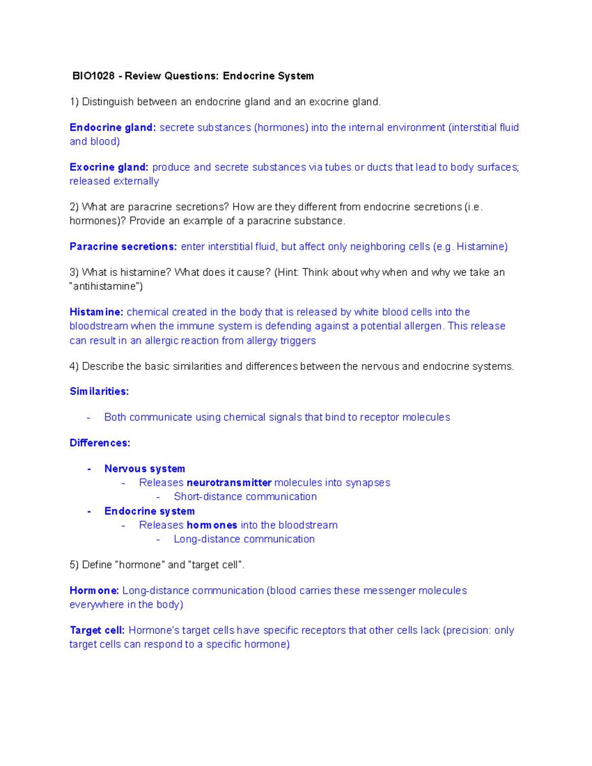 Endocrine system study guide - BIO1028 - Review Questions: Endocrine ...