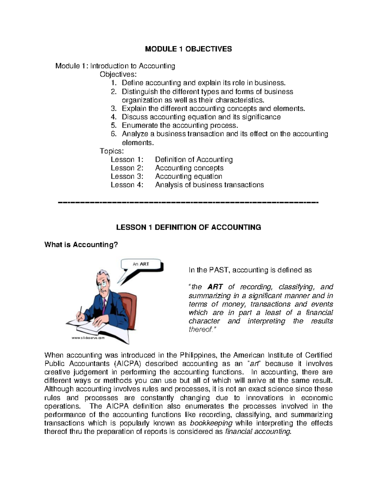 M1 Introduction to Accounting - MODULE 1 OBJECTIVES Module 1 ...