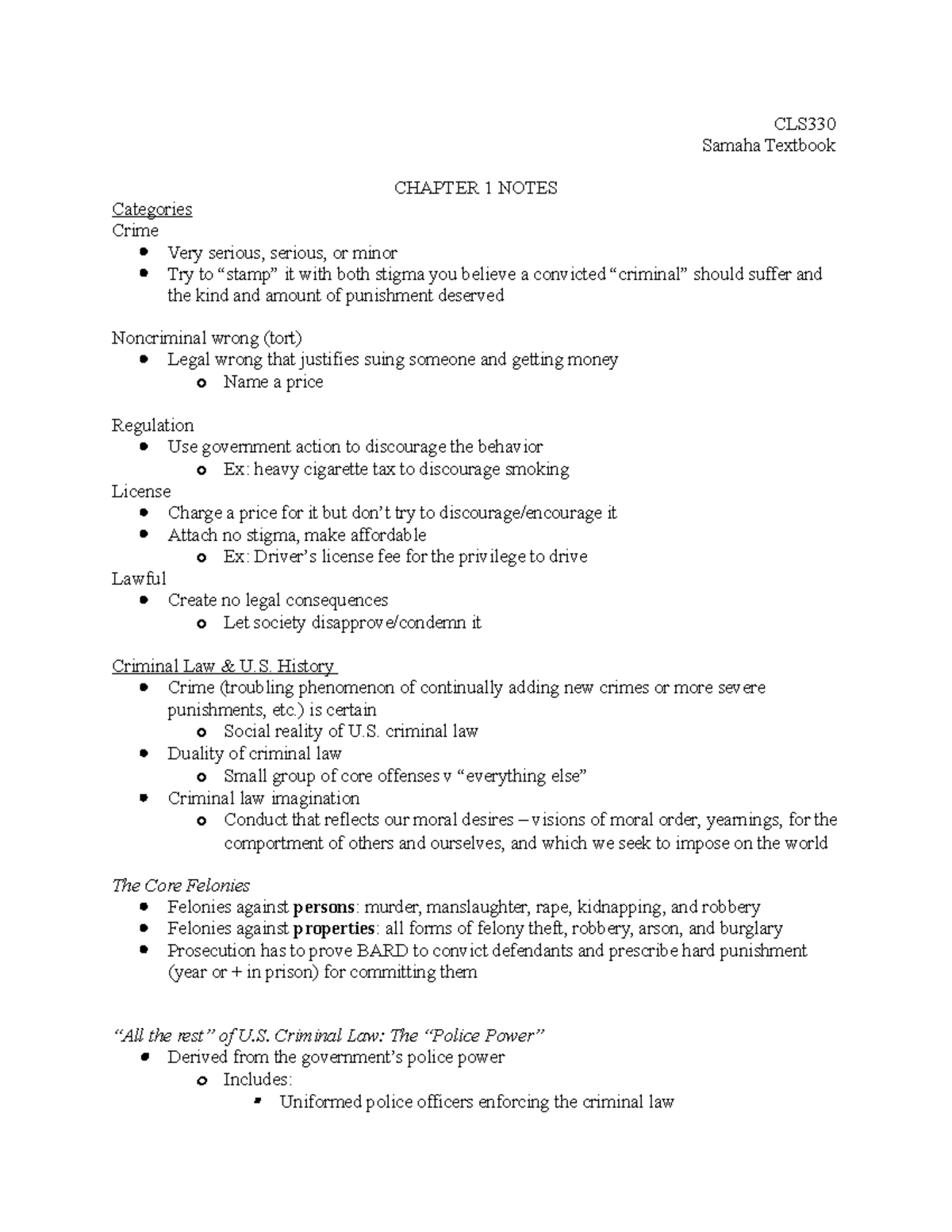 CLS330 Ch1 Notes - CLS Samaha Textbook CHAPTER 1 NOTES Categories Crime ...