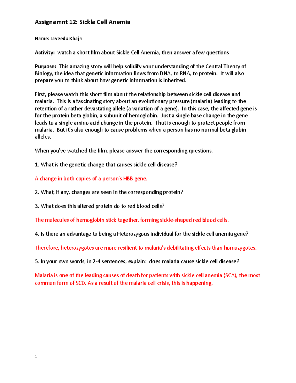 Assignemnt 12 Sickle Cell Anemia - Assignemnt 12: Sickle Cell Anemia ...